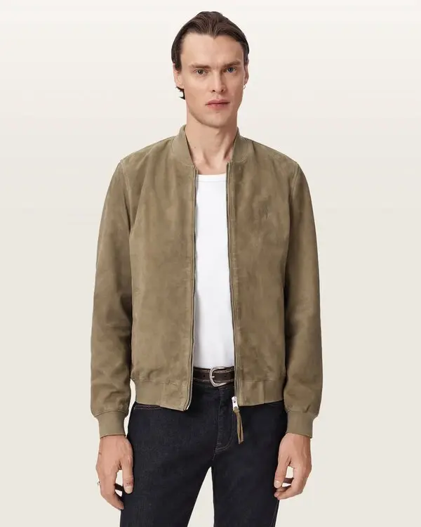 ALLSAINTS Morton Relaxed Fit Suede Bomber Jacket - Green