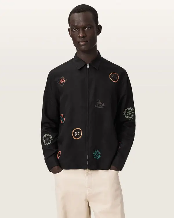 ALLSAINTS Laurel Long Sleeve Embroidered Zip Up Shirt - Black