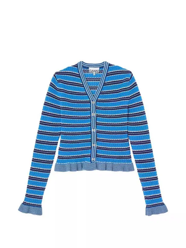 GANNI Striped Pointelle-knit Cardigan - Blue