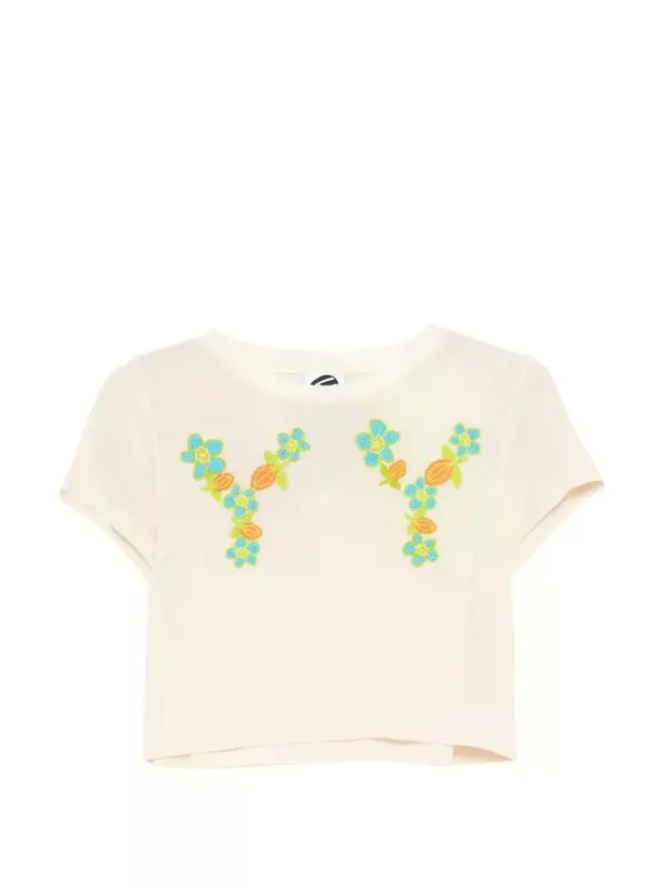 YANYAN Ecru Floral Embroidery Crew Neck Short Sleeve T-shirt - Neutrals