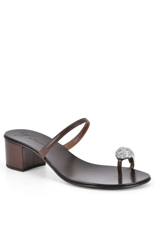 GIUSEPPE ZANOTTI Leather Thong Sandal With Rhinestone Ring Accessory - Brown