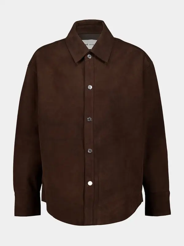 AMI Paris Chocolate Suede Leather Overshirt