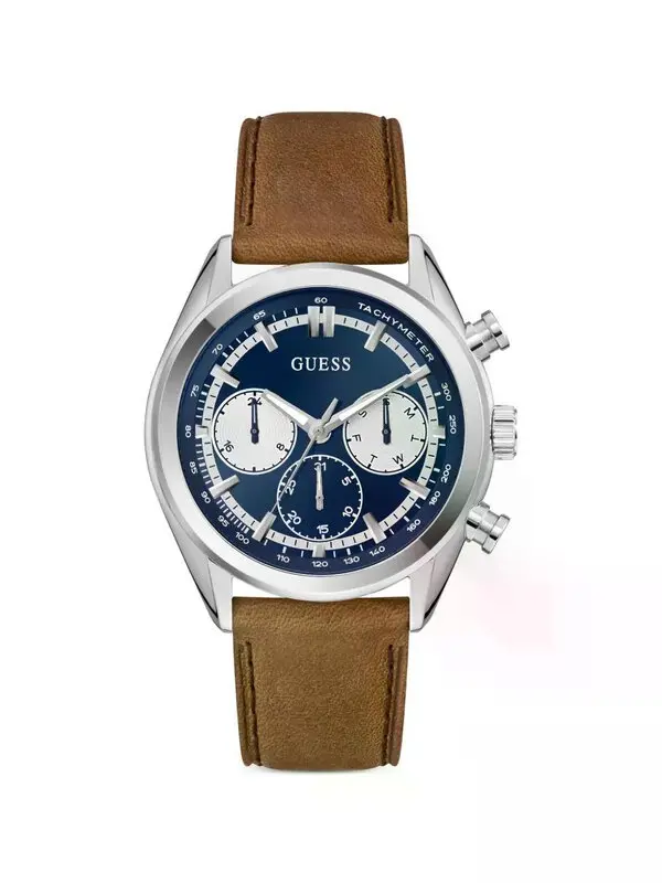 Guess Dawson 44mm Multi-function Watch With Brown Leather Strap