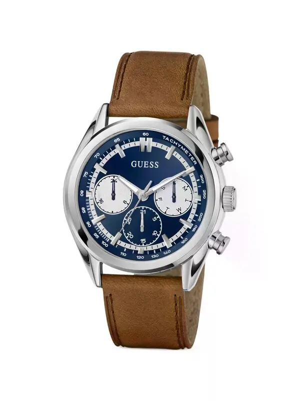 Guess Dawson 44mm Multi-function Watch With Brown Leather Strap