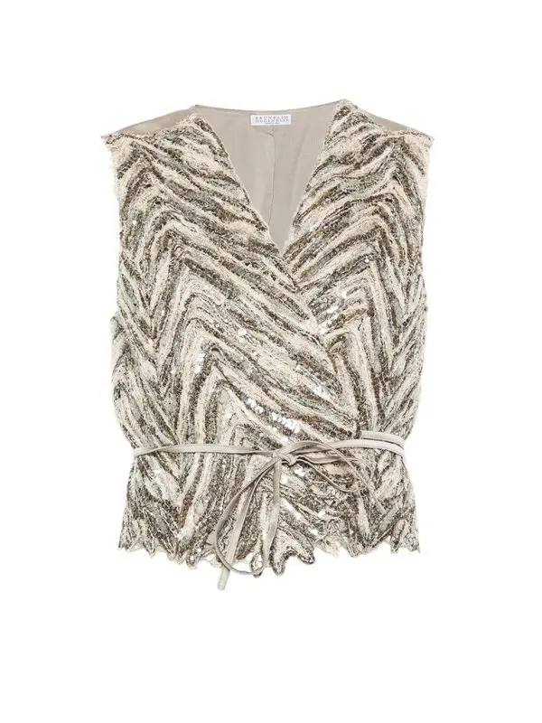 Brunello Cucinelli Embroidered Silk Vest - Beige