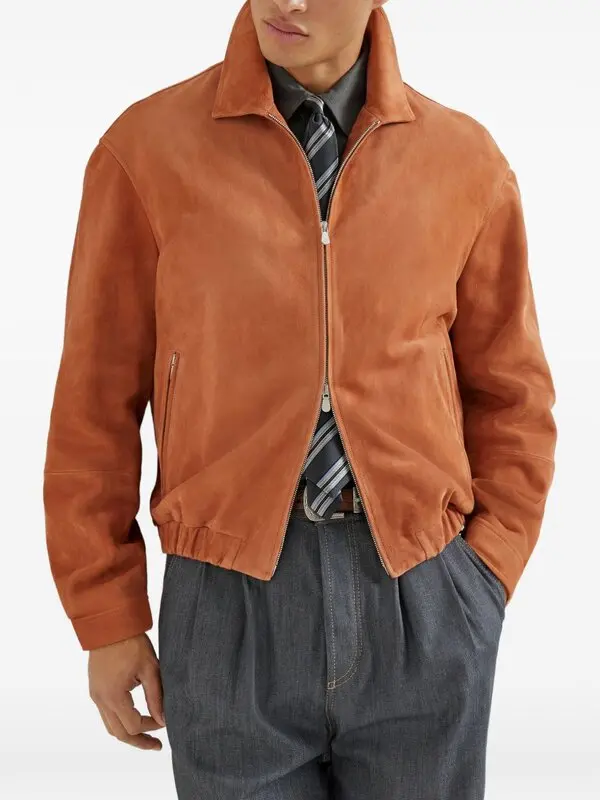 Brunello Cucinelli Suede Leather Zip-up Jacket - Orange