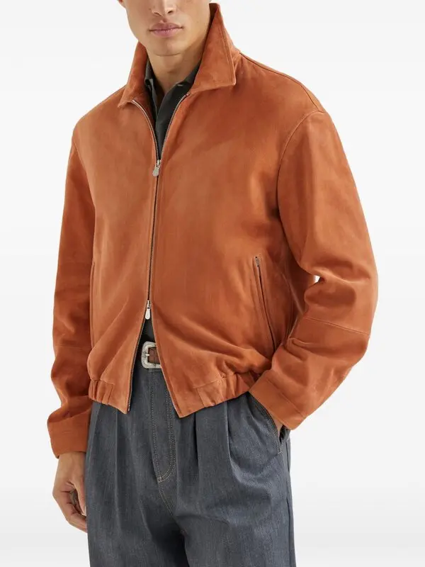 Brunello Cucinelli Suede Leather Zip-up Jacket - Orange