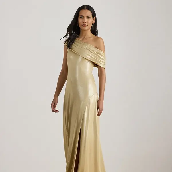 Ralph Lauren Metallic Jersey Off-the-shoulder Gown - Birch Tan Foil