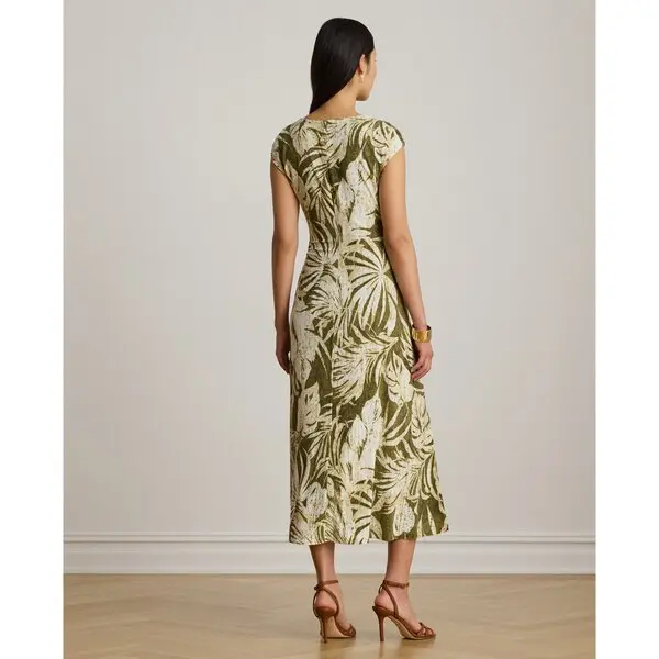 Ralph Lauren Palm Frond Print Jersey Cowl Neck Midi Dress - Olive Multi