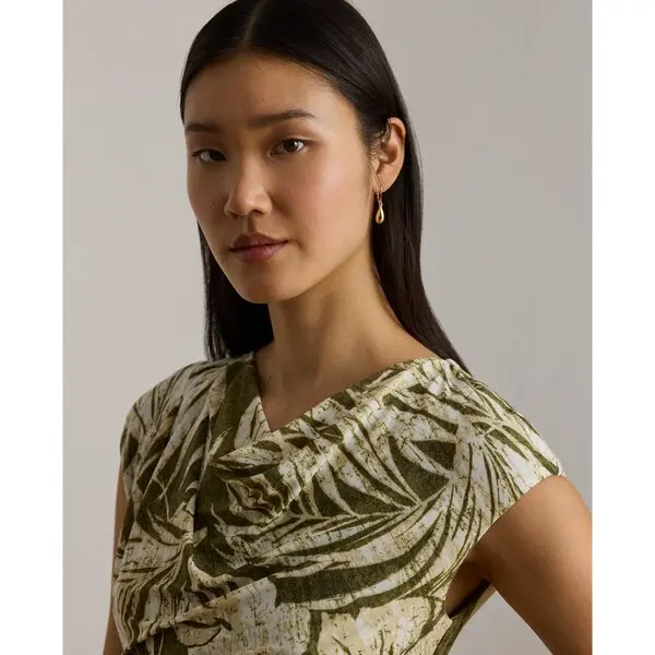 Ralph Lauren Palm Frond Print Jersey Cowl Neck Midi Dress - Olive Multi