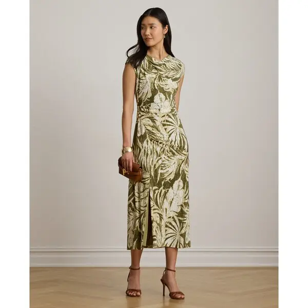 Ralph Lauren Palm Frond Print Jersey Cowl Neck Midi Dress - Olive Multi