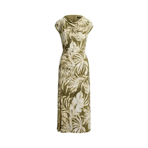 Ralph Lauren Palm Frond Print Jersey Cowl Neck Midi Dress - Olive Multi