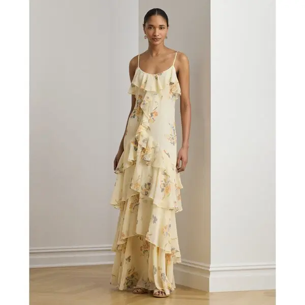 Ralph Lauren Floral Ruffle-trim Georgette Gown