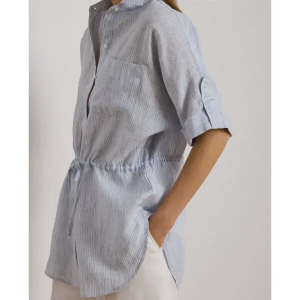 Ralph Lauren Striped Linen Roll-tab Sleeve Tunic Shirt