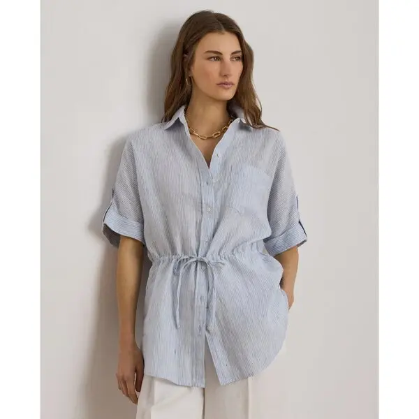 Ralph Lauren Striped Linen Roll-tab Sleeve Tunic Shirt