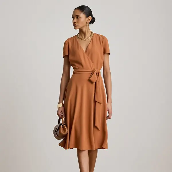 Ralph Lauren Belted Georgette Surplice Dress - Red Terracotta