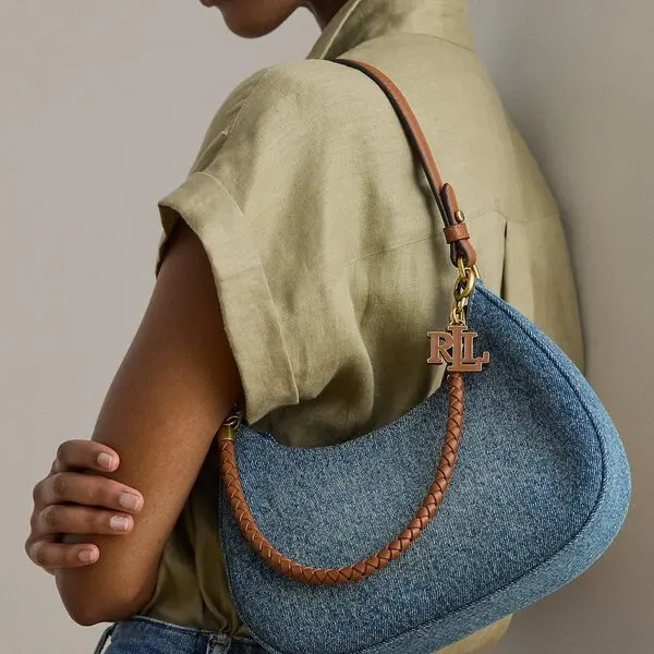 Ralph Lauren Marcy Zip Shoulder Bag In Washed Denim - Oxford Blue/lauren Tan