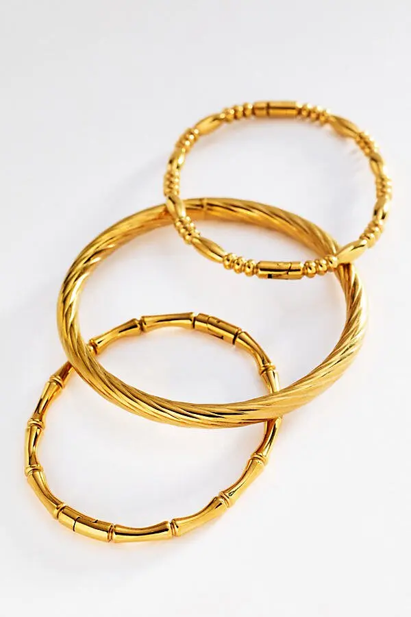 Anthropologie Textured Metal Bracelets Set Of 3 - Gold