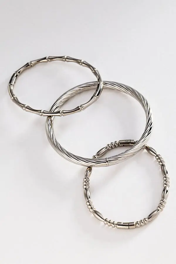 Anthropologie Textured Metal Bracelets Set Of 3 - Silver