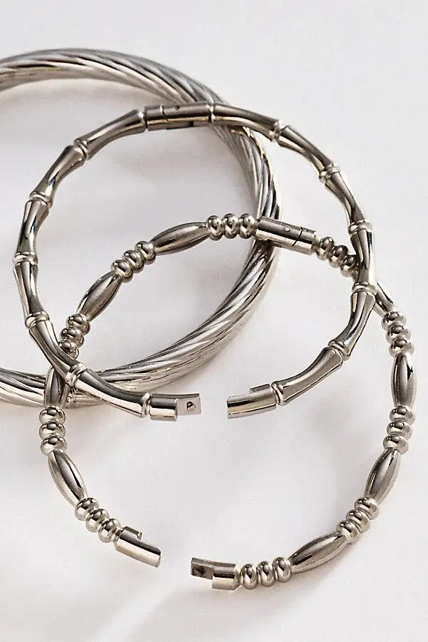 Anthropologie Textured Metal Bracelets Set Of 3 - Silver