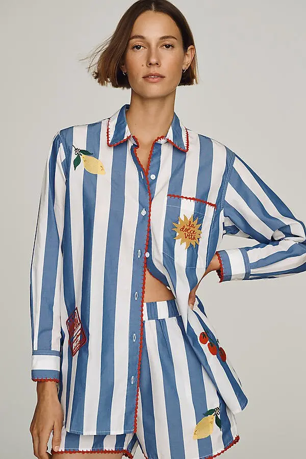 Rails X Giadzy Elsa Buttondown Shirt With Patches And Embroidery - Blue Stripe