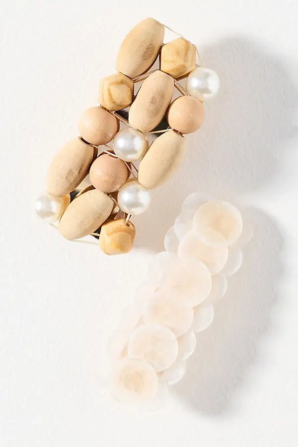 Anthropologie Wood And Shell Barrettes, Set Of 2 - Light Brown