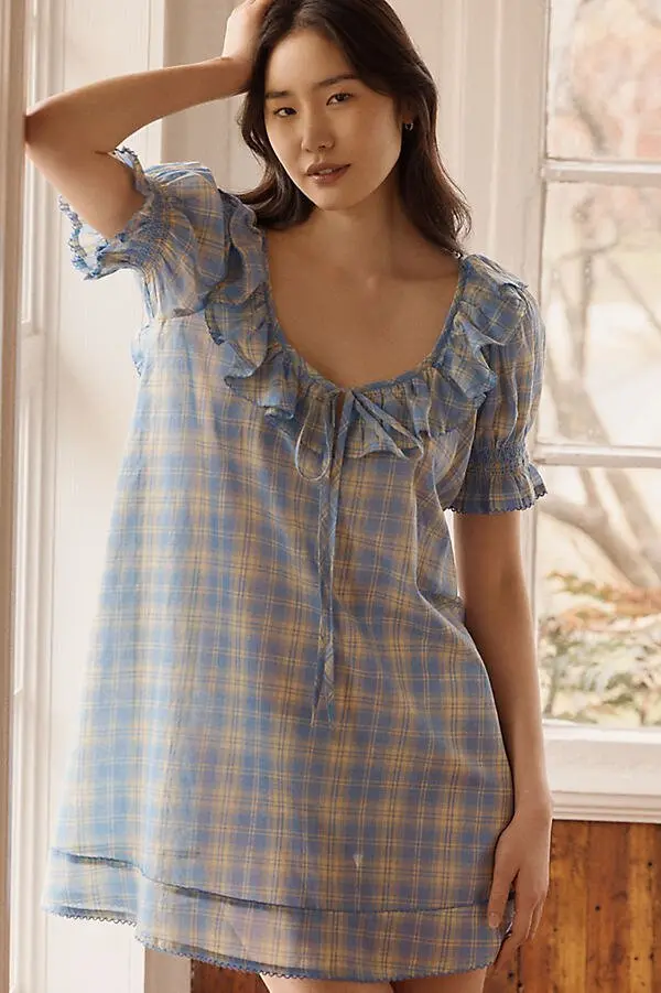 DAMSON MADDER Harlow Cotton Mi Dress - Blue Plaid