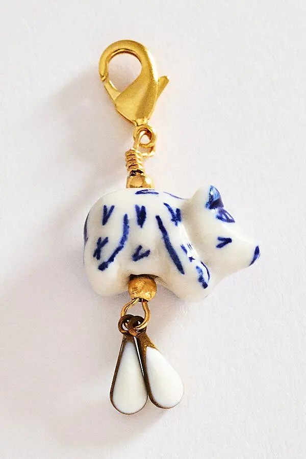 PAJAROLIMON Mini Pig Charm With Porcelain Accents - Blue Pattern
