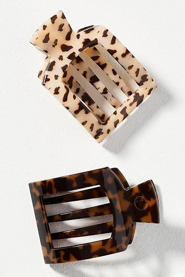 TELETIES Flat Square Hair Claw Clips, Set Of 2 - Tortoise