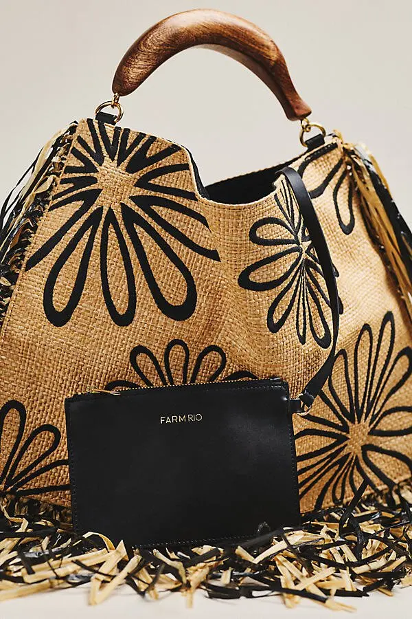 Farm Rio Raffia Mini Hand Bag With Wood Handle And Fringe