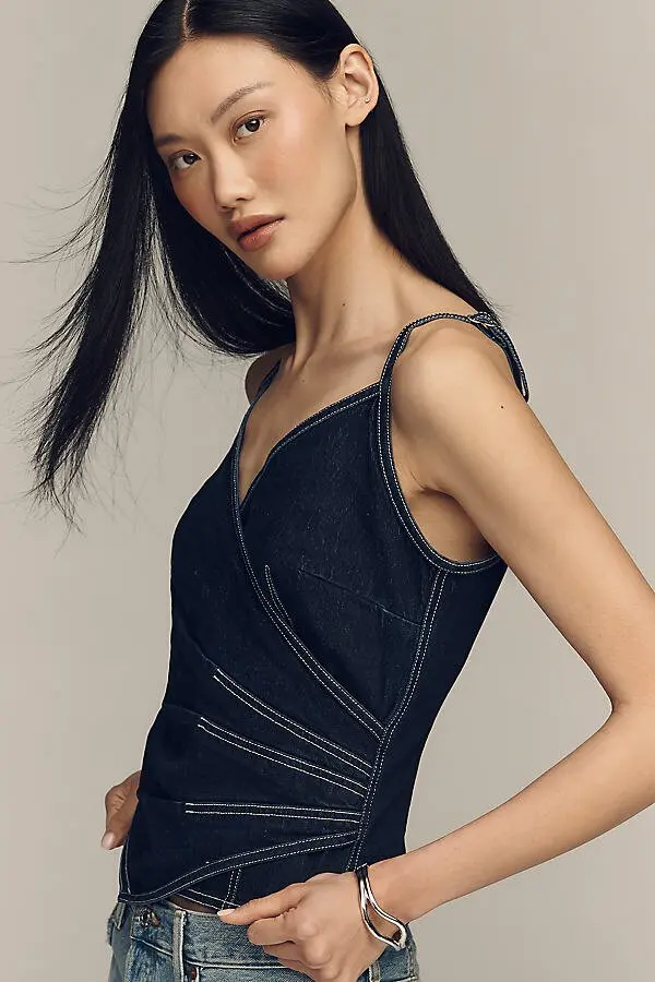 PILCRO Denim Strappy Wrap Tank Top - Dark Denim