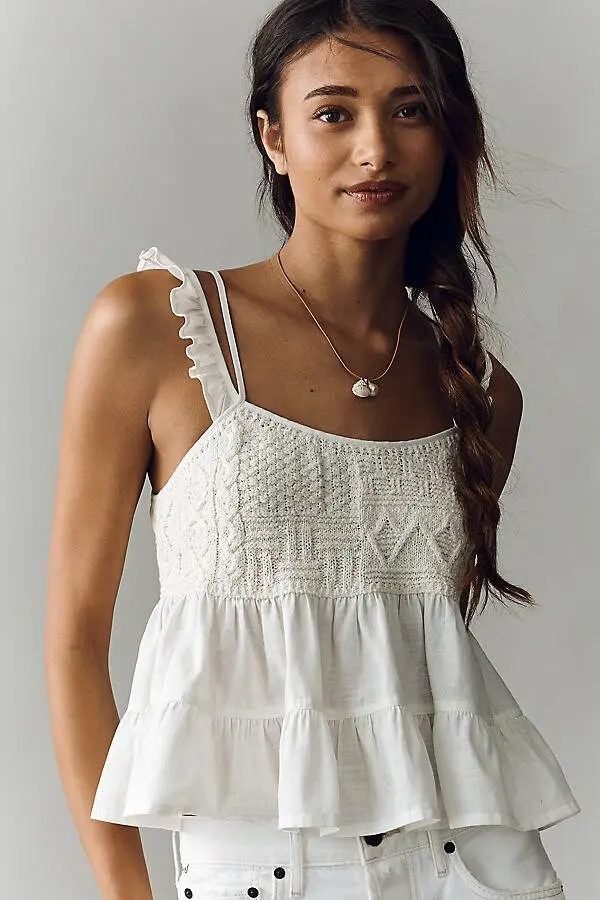 PILCRO Sweater Knit & Cotton Tiered Tank Top - Ivory