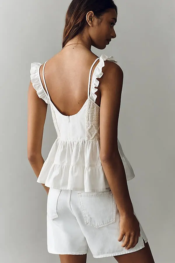PILCRO Sweater Knit & Cotton Tiered Tank Top - Ivory