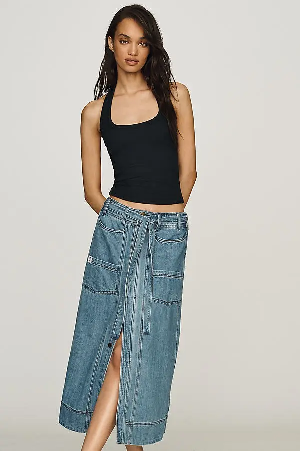 PILCRO Front-tie Denim Midi Skirt - Vintage Light Denim