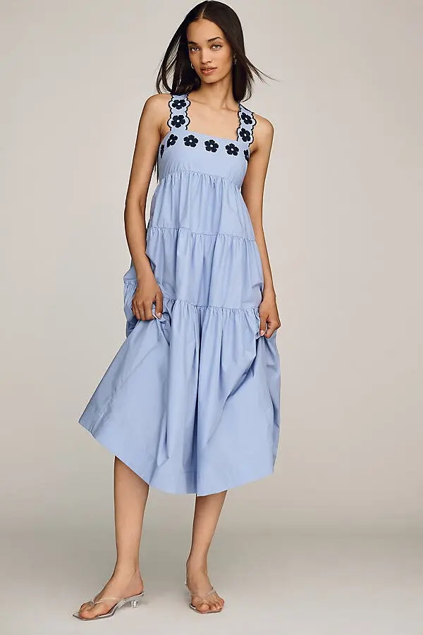 Anthropologie Helena Embroidered Dress - Blue