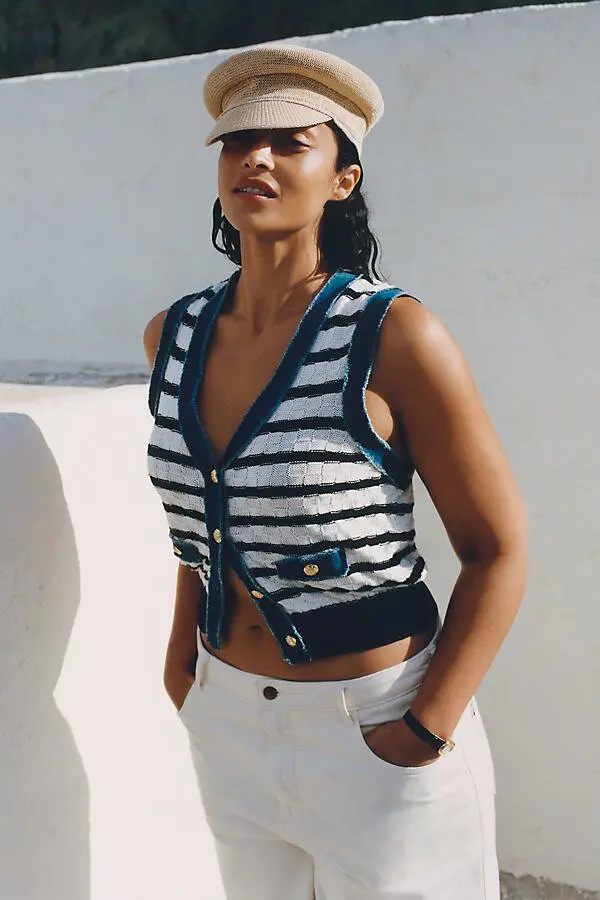 NVLT Pointelle Denim Mixed Vest - Marshmallow/black Stripe