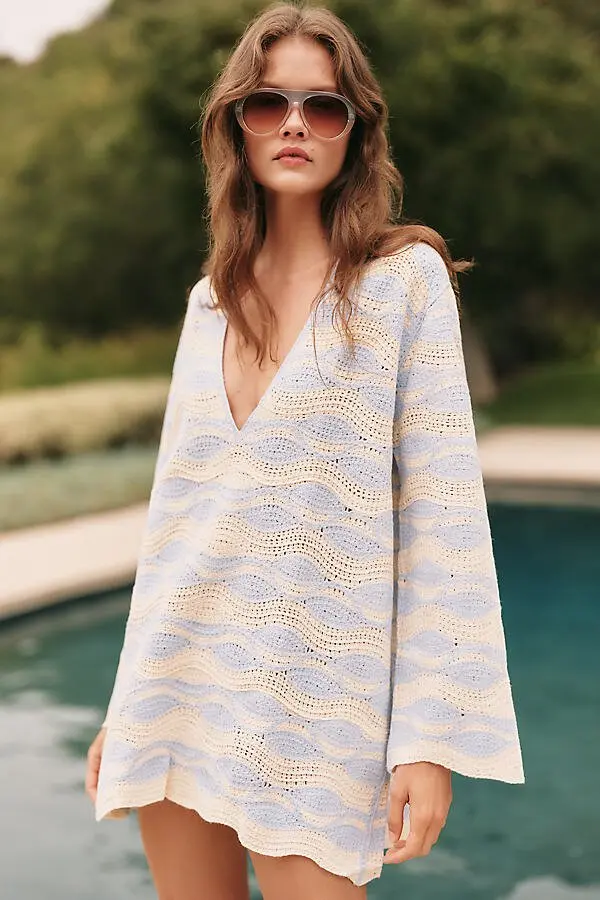 CELANDINE Printed Crochet Mini Tunic - Blue Pattern