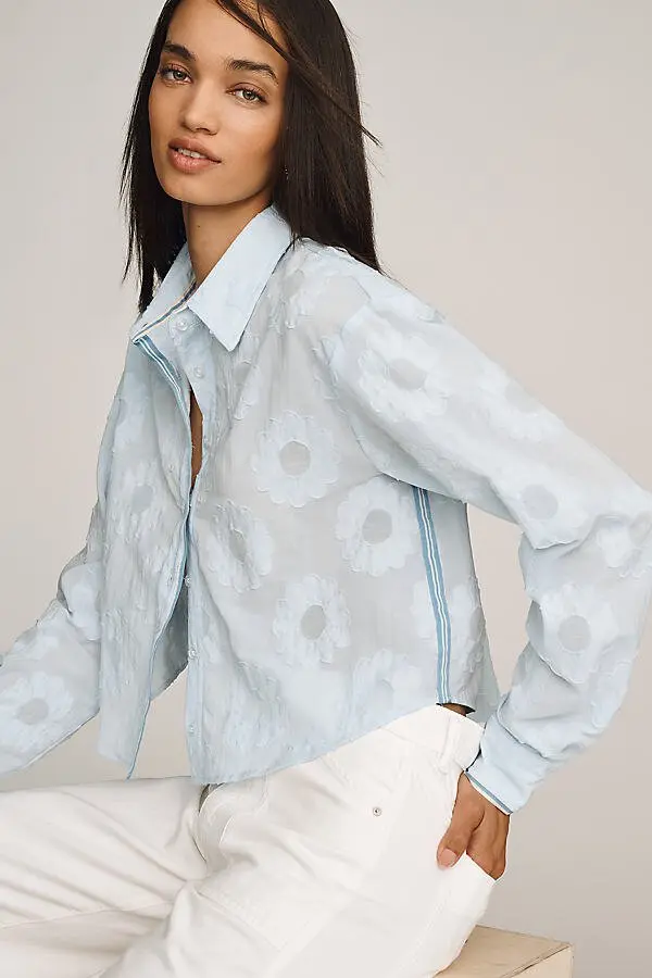 Maeve Floral Crop Button-down Shirt - Ice Water