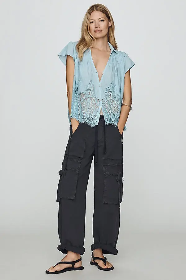 Anthropologie Cotton Lace Buttondown Shirt - Blue