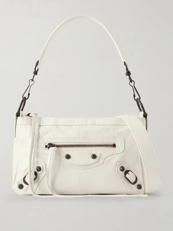Balenciaga Le City Moto Mini Crinkled-leather Shoulder Bag - White