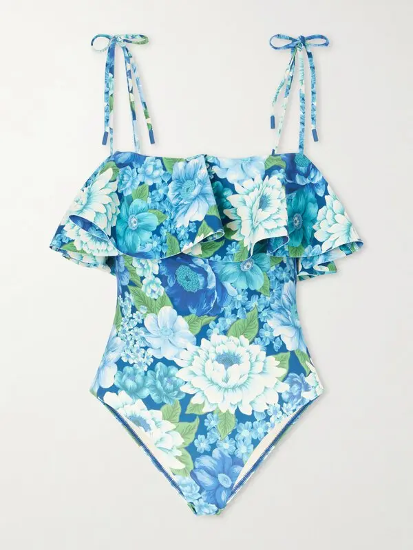 ALEMAIS Margo Ruffled Floral-print One-piece Swimsuit - Blue
