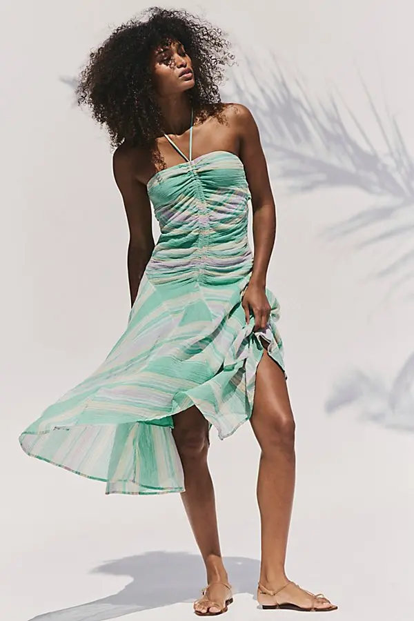 Free People Karina Midi Dress With Ruched Halter And Handkerchief Skirt - Sage Combo