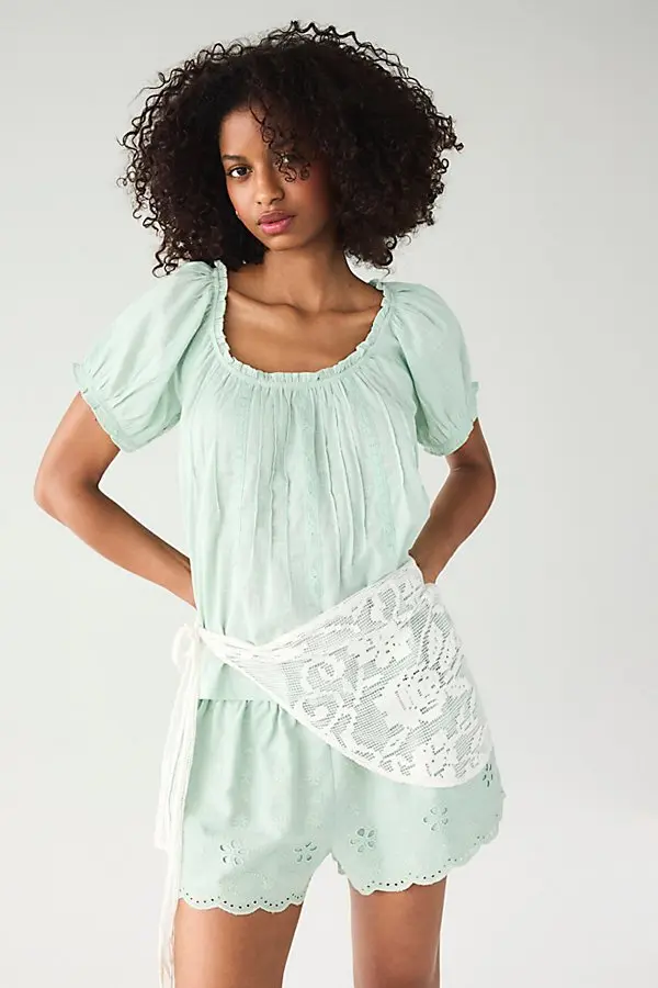 Free People Lindale Embroidered Short Set - Celadon