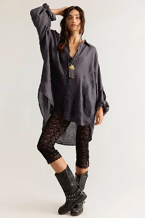 Free People Selene Button Down Linen Shirt - Tornado