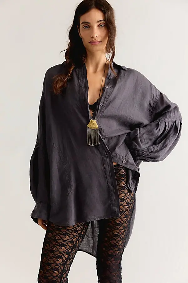 Free People Selene Button Down Linen Shirt - Tornado