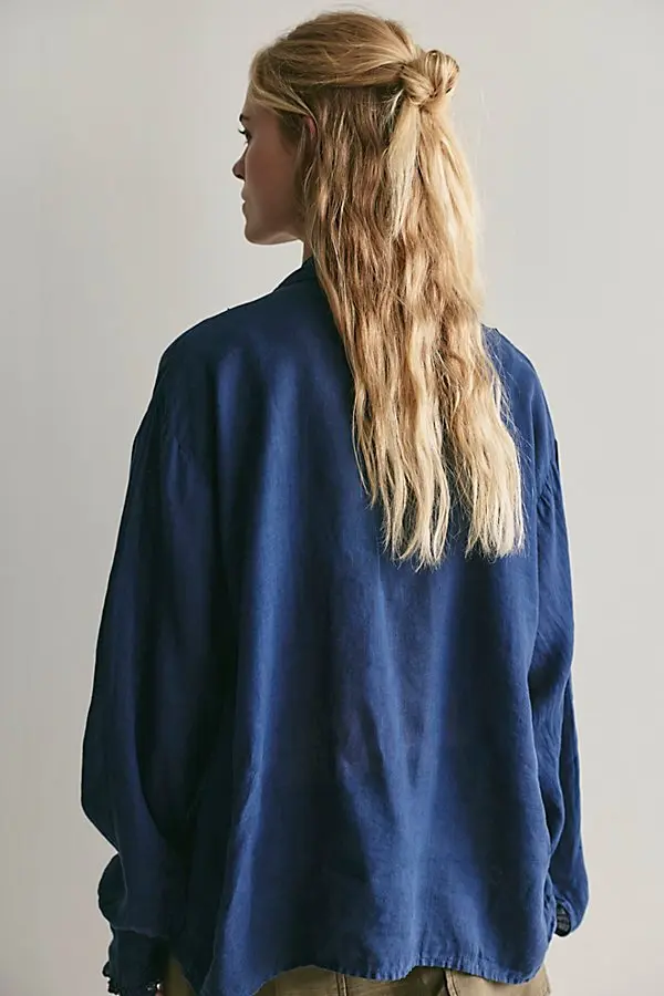 LLEA BLUE Linen Button-down Shirt With Ruffle Detailing - Deeper Iris