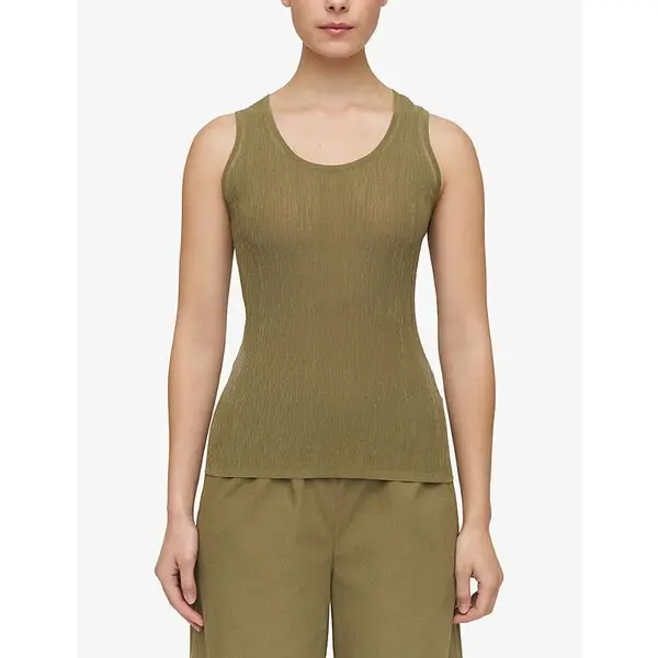 JOSEPH Round Neck Crinkle Woven Tank Top - Fig Leaf