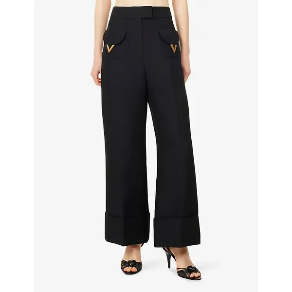 Valentino Garavani Wool-blend Wide-leg Trousers With Logo Plaque