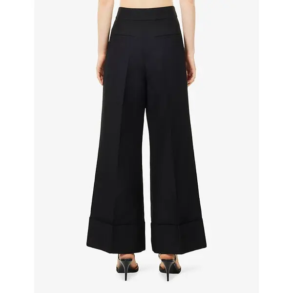 Valentino Garavani Wool-blend Wide-leg Trousers With Logo Plaque