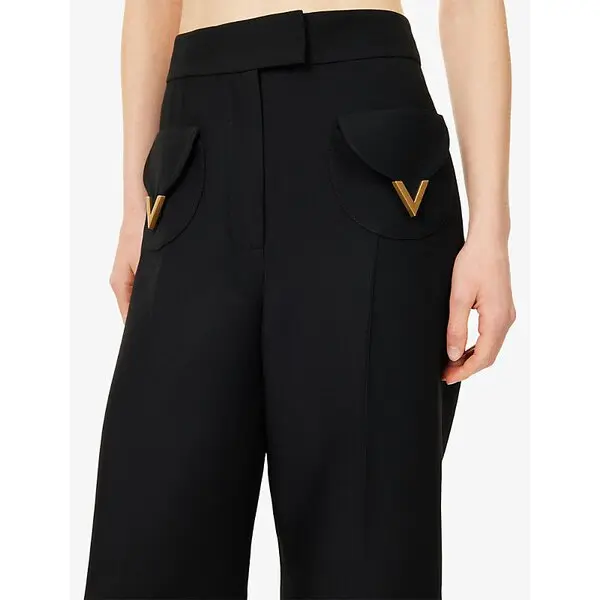Valentino Garavani Wool-blend Wide-leg Trousers With Logo Plaque